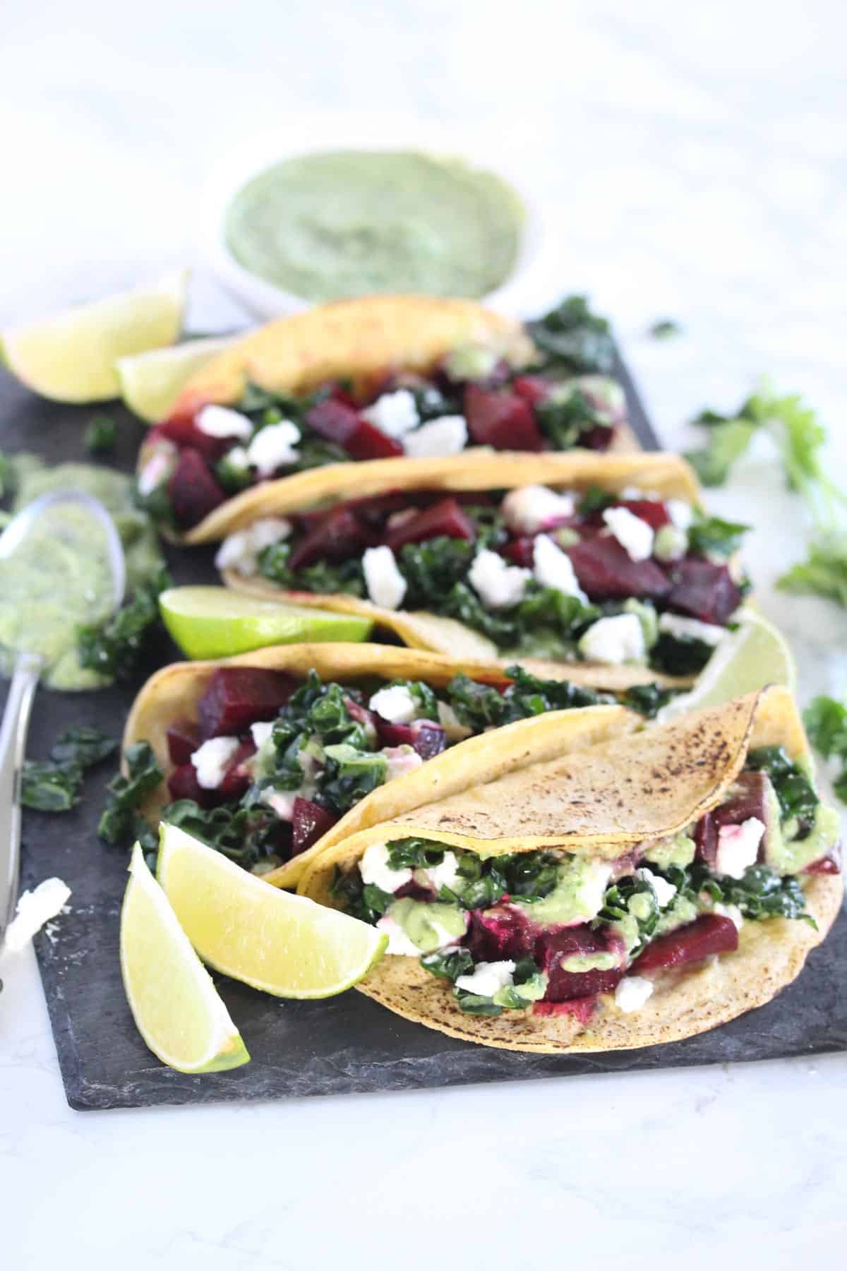 Beet and Kale Tacos with Avocado Sauce - Zested Lemon