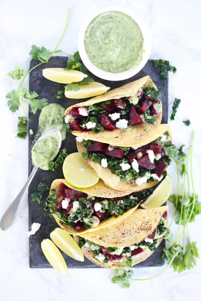 Beet and Kale Tacos with Avocado Sauce - Zested Lemon